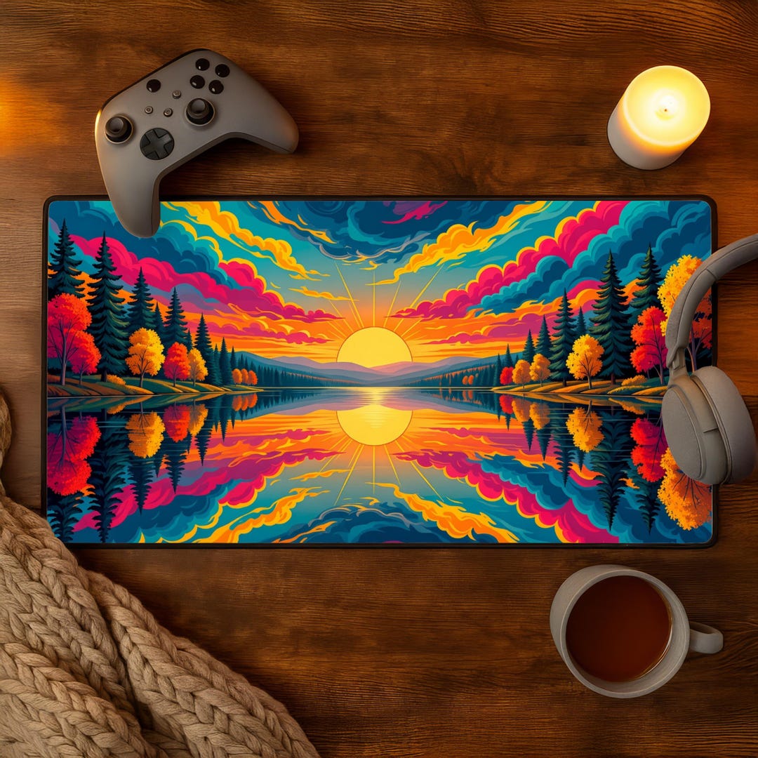 Psychedelic Sunset Lake Desk Mat: Vibrant Nature Landscape Artistic ...