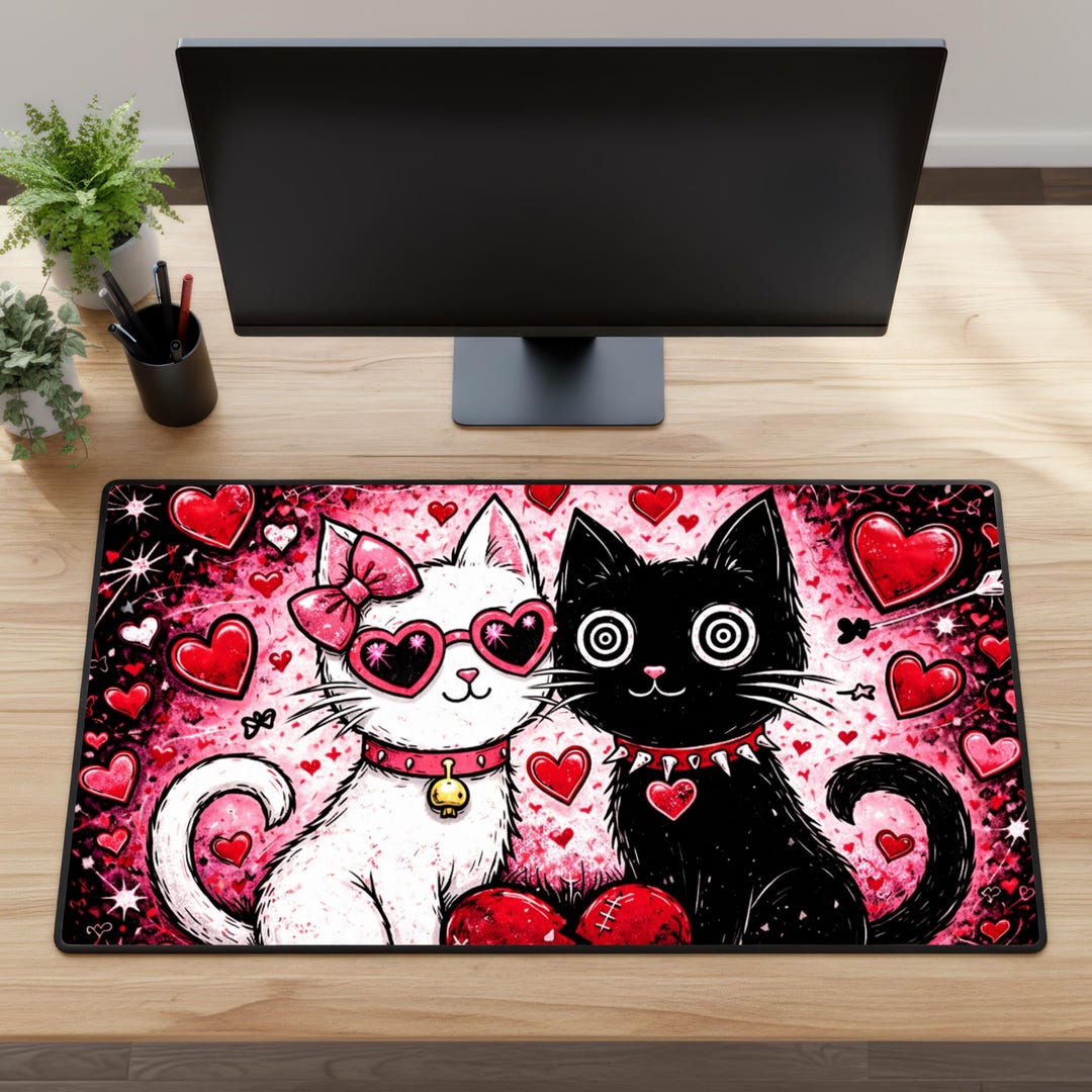 Love Punk Cats Desk Mat Cute Valentine Style Heart Aesthetic Mousepad ...