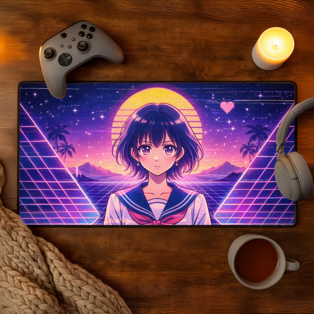 Anime Girl Desk Mat Retro Synthwave Mousepad Vaporwave Waifu Vibes ...