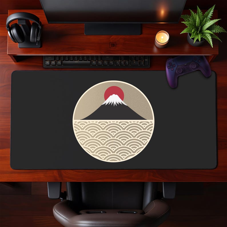 Mount Fuji Japanese Art Desk Mat – Minimalist Seigaiha Wave Workspace ...