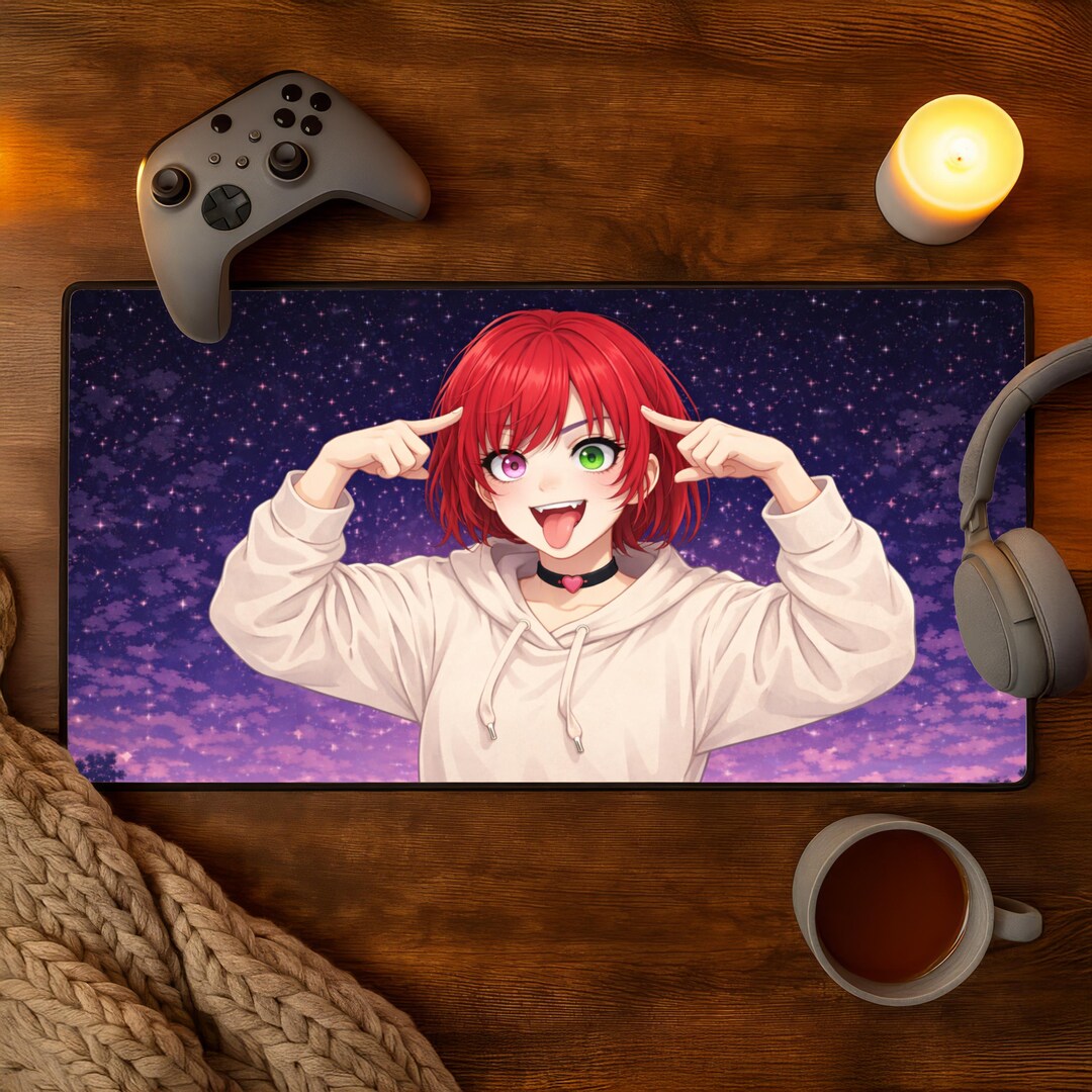 Anime Girl Desk Mat Playful Redhead Mousepad XXL Kawaii Red Hair Waifu ...