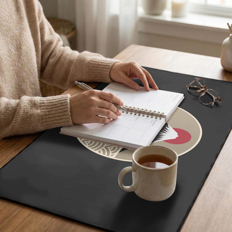 Mount Fuji Japanese Art Desk Mat – Minimalist Seigaiha Wave Workspace ...