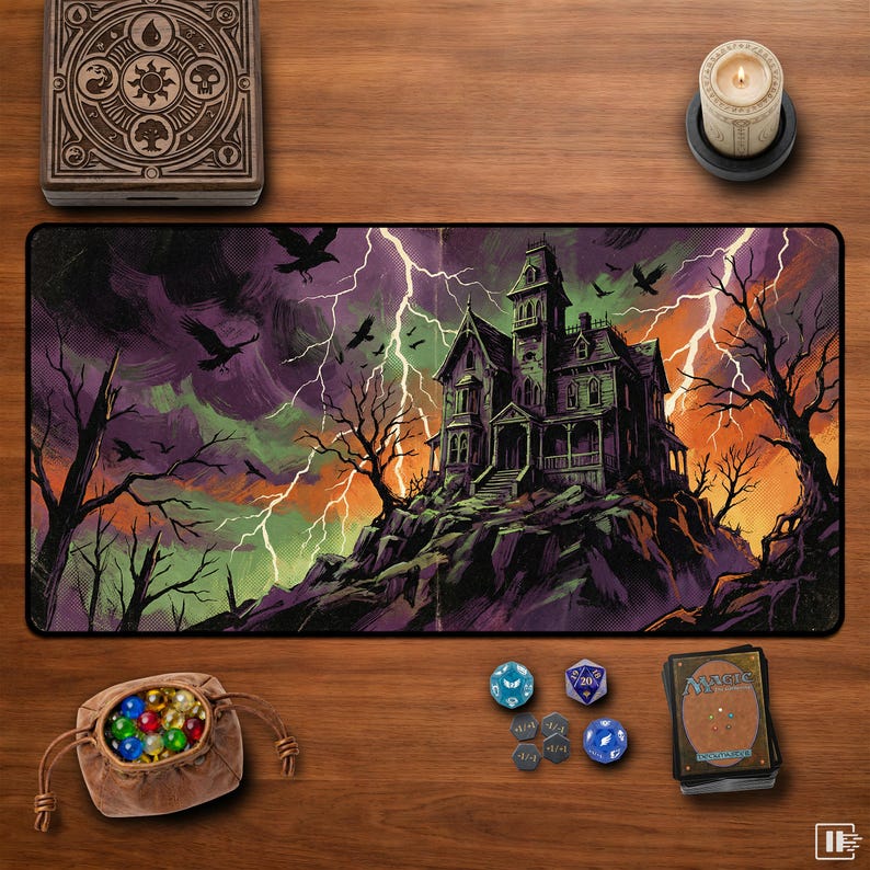 Spooky Haunted Mansion Desk Mat Gothic Horror Lightning Storm Crows ...