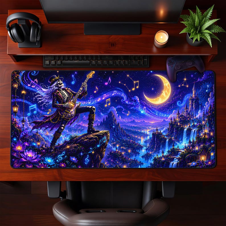 Skeleton Rocker Desk Mat Fantasy Guitar Player Mouse Pad Glowing Music ...