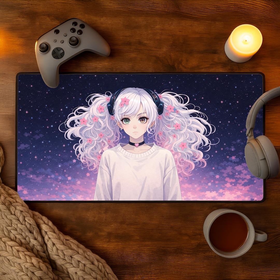 Anime Girl Desk Mat Kawaii Mousepad XXL Soft Aesthetic White Hair Waifu ...