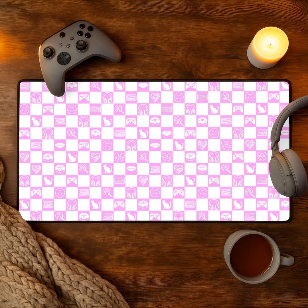Cute Pink Desk Mat Doodles Gamer Mousepad XXL Pastel Pattern Aesthetic ...