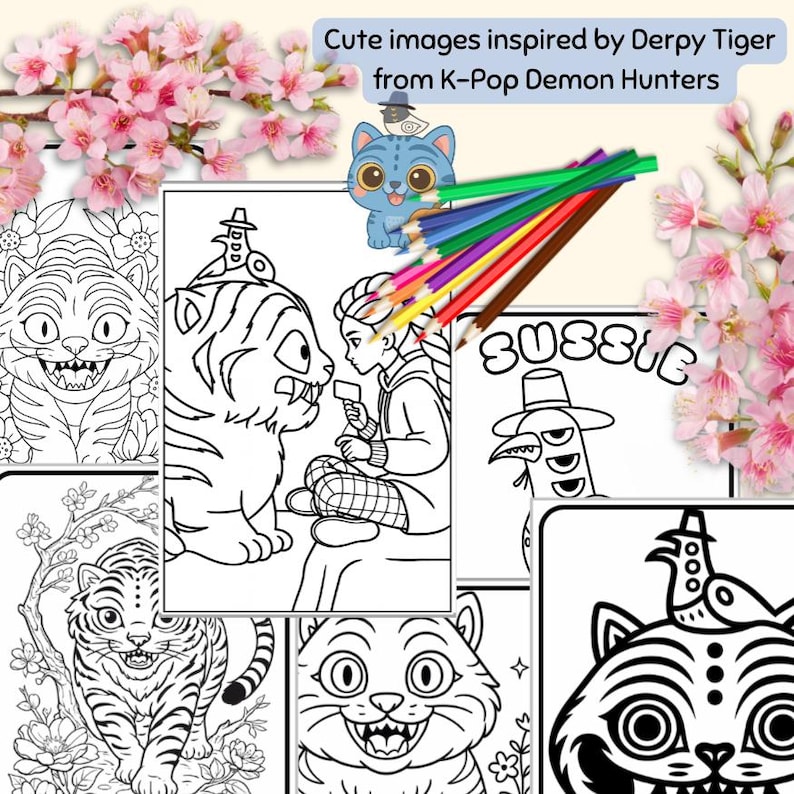 Derpy Tiger Coloring Pages, Korean Minhwa Kawaii Printable Coloring Book Inspired by K-pop Demon ...