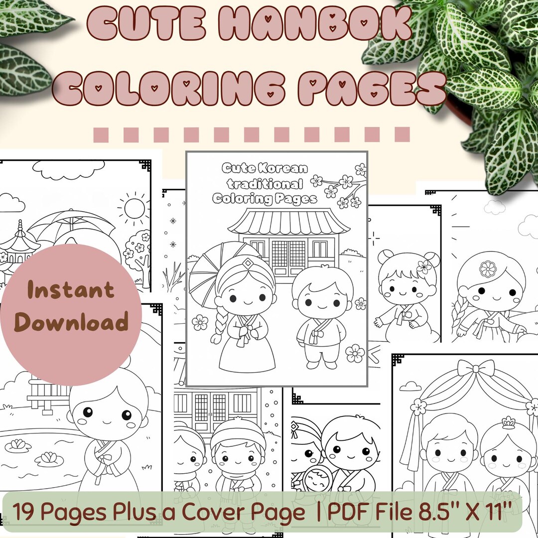 Kawaii Korean Coloring Pages | Hanbok and Hanok Coloring Book | Cute K ...