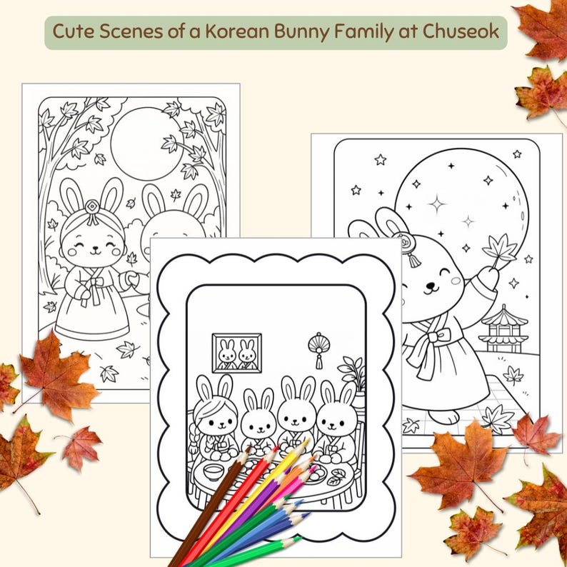 Kawaii Bunny Cozy Coloring Pages: Korean Chuseok Rabbit Family Coloring ...