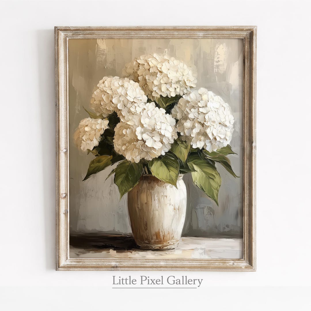 Rustic Hydrangea Oil Painting – Farmhouse Floral Still Life (digital ...