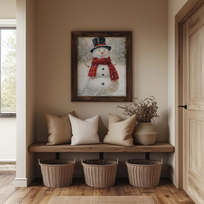 Festive Snowman Wall Art Print, Winter Scene Decor, Christmas Holiday ...