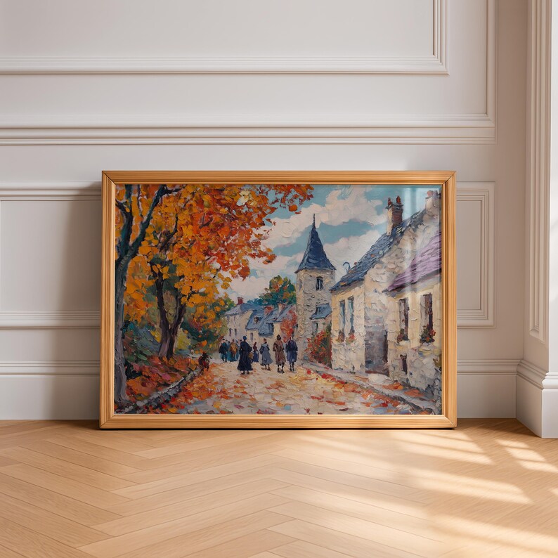Autumn Village Painting: Rustic Street Scene, Cottagecore Wall Art ...