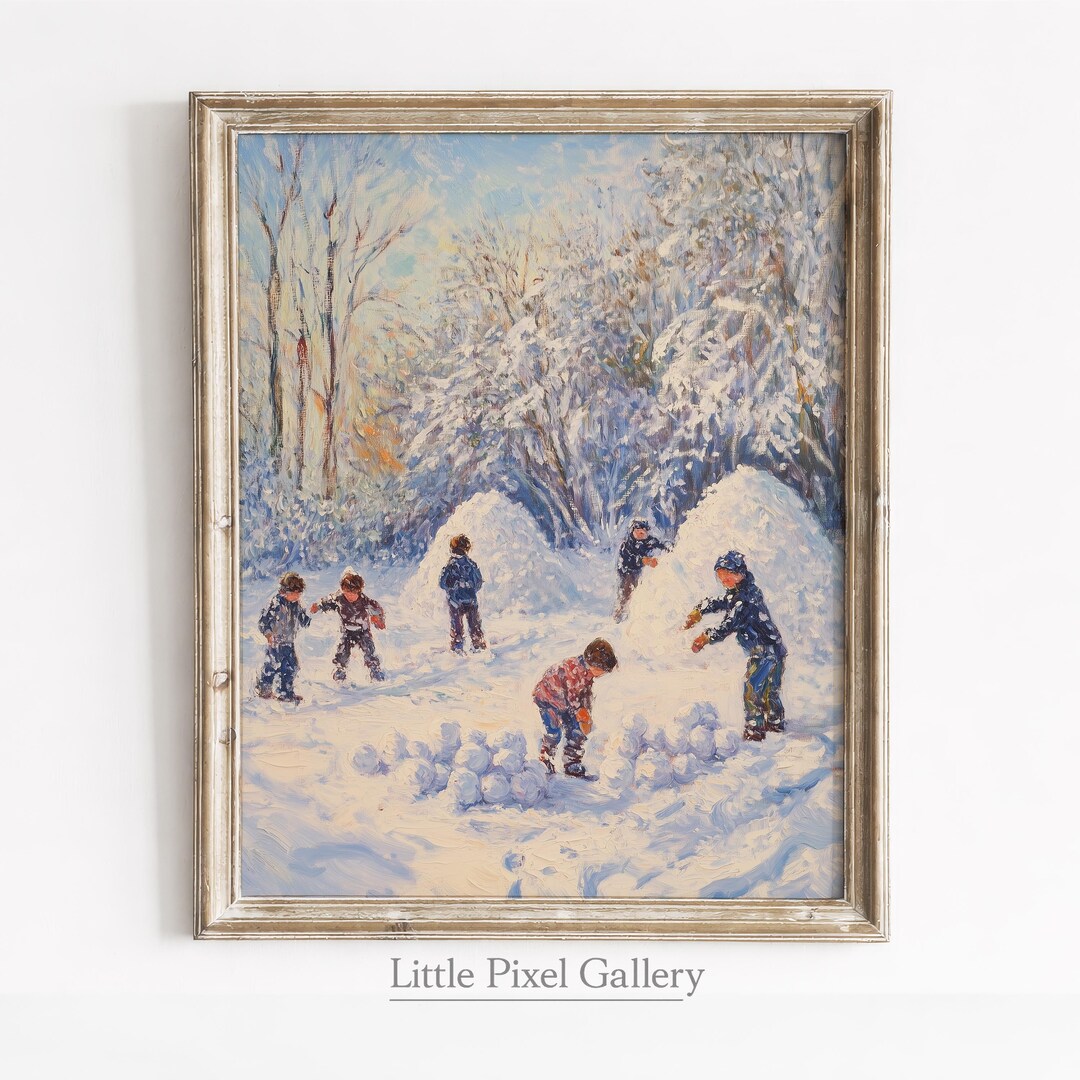 Vintage Winter Scene Printable - Energetic Children Building Snow Forts ...