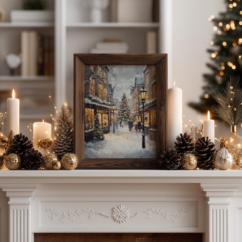 Vintage Christmas Village Scene With Evergreen - Festive Winter Street ...