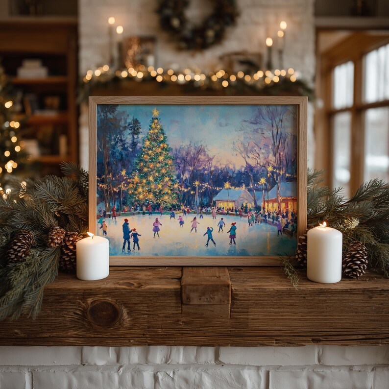 Vintage Christmas Ice Skating Rink Art – Holiday Cottage Print (digital ...