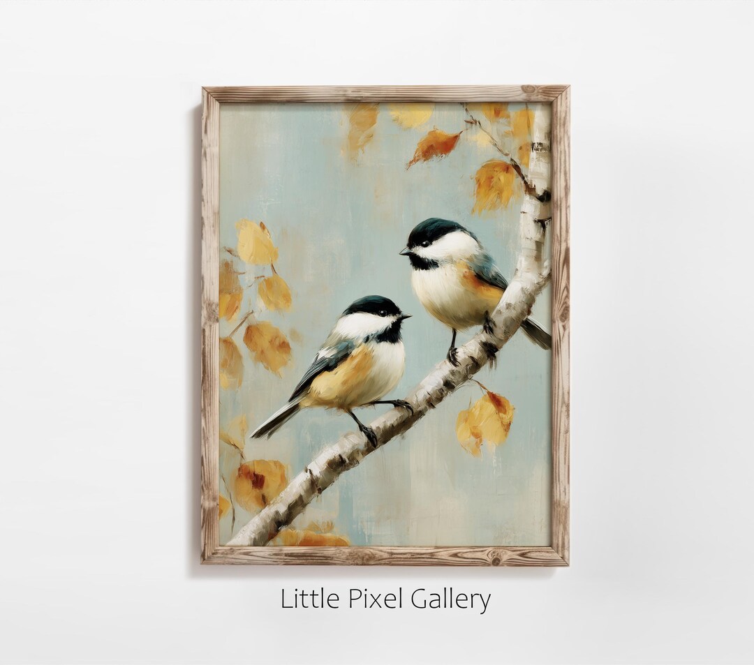 Rustic Chickadees on Birch Branch Art - Cozy Autumn Wall Art, Nature's ...