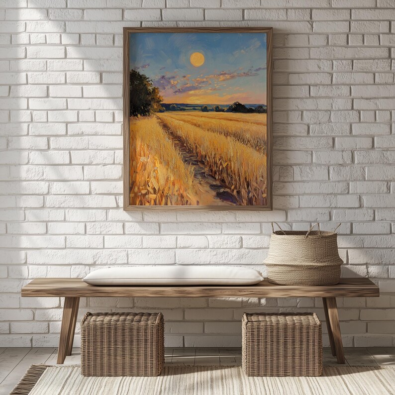 Harvest Moon Wheat Field Art Print – Autumn Farmhouse Landscape ...