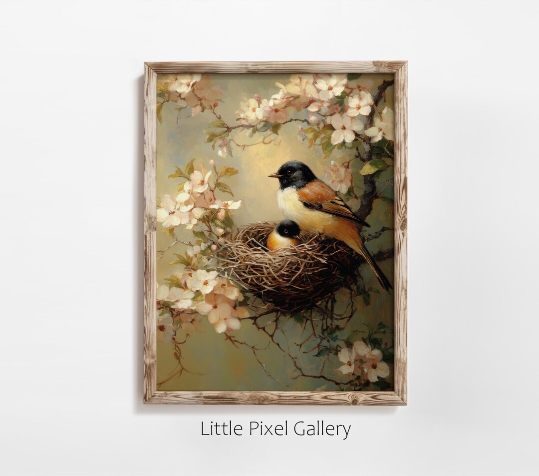 Cottagecore Songbird and Chicks Art Print – Springtime Nest (digital ...
