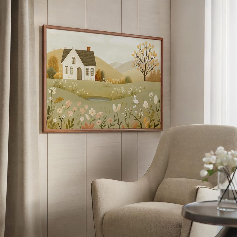 Folk Art Cottagecore Print – Cozy Country Scene, Rolling Hills ...