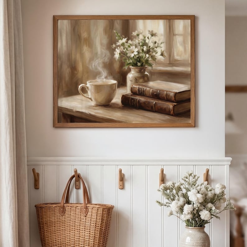 Rustic Still Life Painting – Coffee Cup, Books, Flowers (digital ...