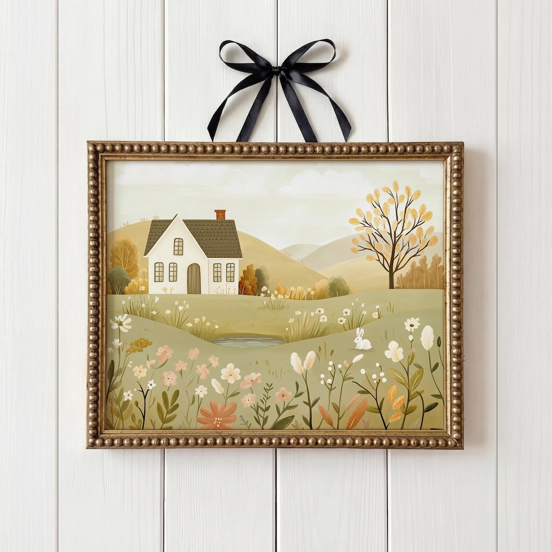 Folk Art Cottagecore Print – Cozy Country Scene, Rolling Hills ...
