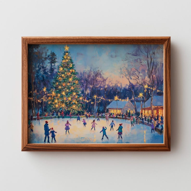 Vintage Christmas Ice Skating Rink Art – Holiday Cottage Print (digital ...