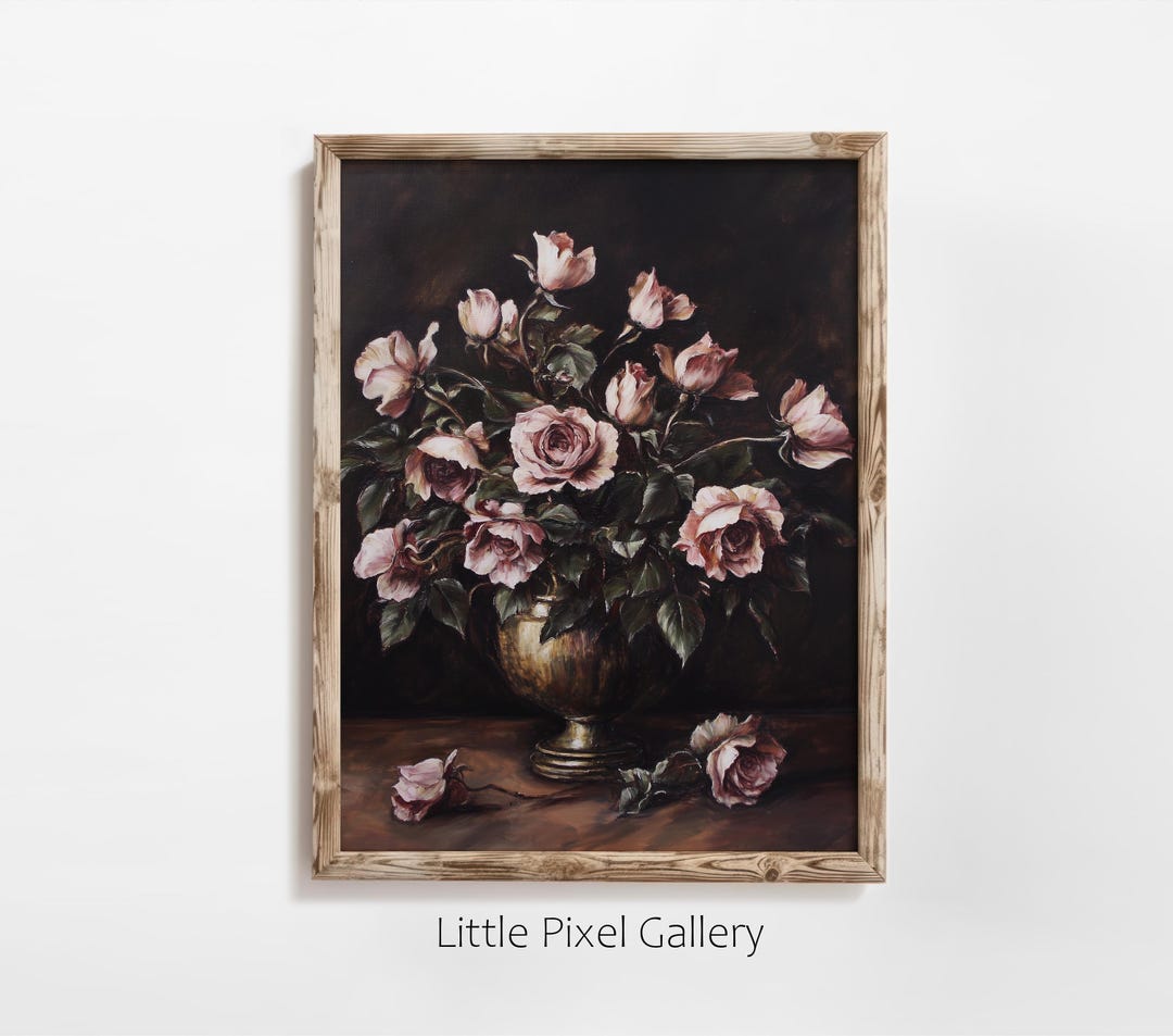 Vintage Blush Roses Still Life Art Print – Moody Floral Painting ...