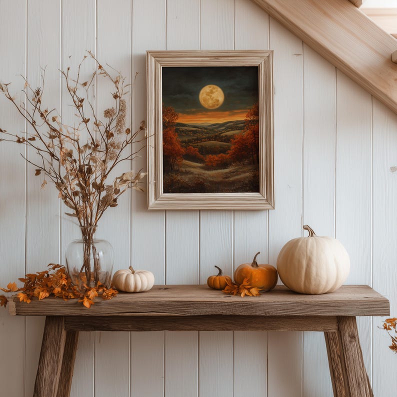 Moody Autumn Valley Full Moon Painting – Rustic Fall Landscape Wall Art ...