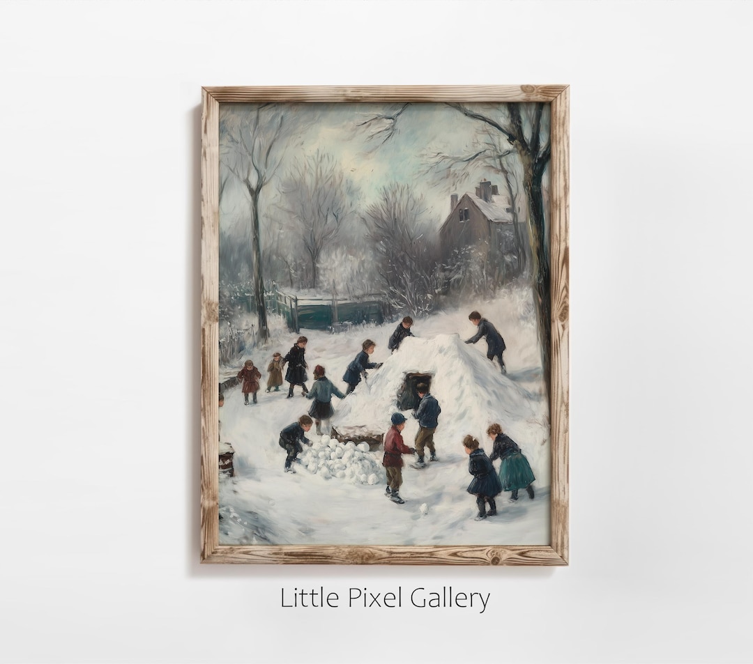Vintage Winter Play Scene Painting - Children in Snow-covered Yard ...