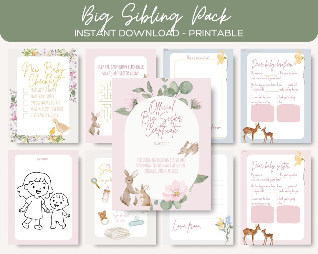Big Sibling Printable Activity Pack - Bunny | A4 & 5x7 Sizes | Big ...