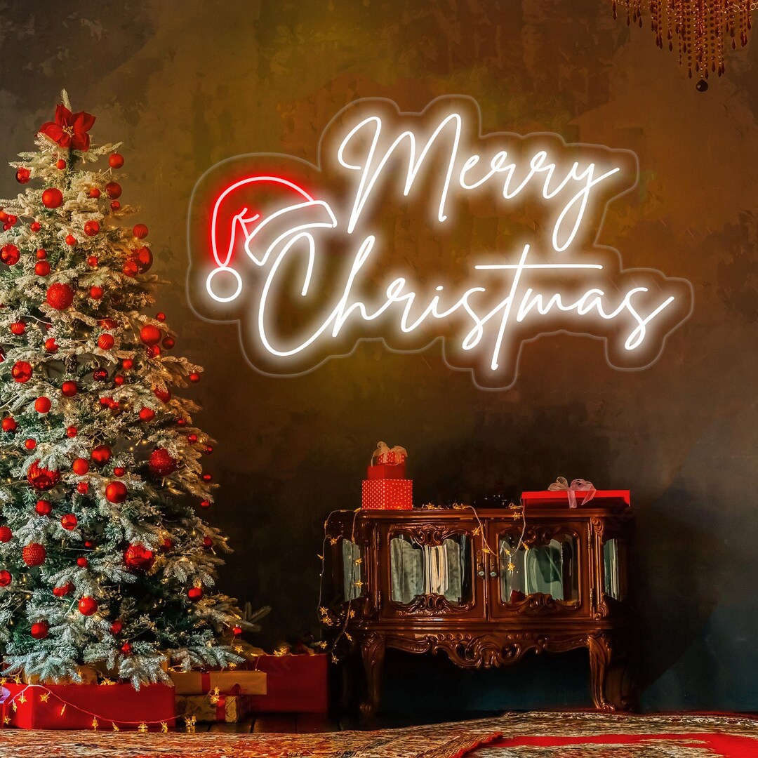 Santa Hat Merry Christmas Neon Sign, Christmas LED Sign, Holiday Quote ...