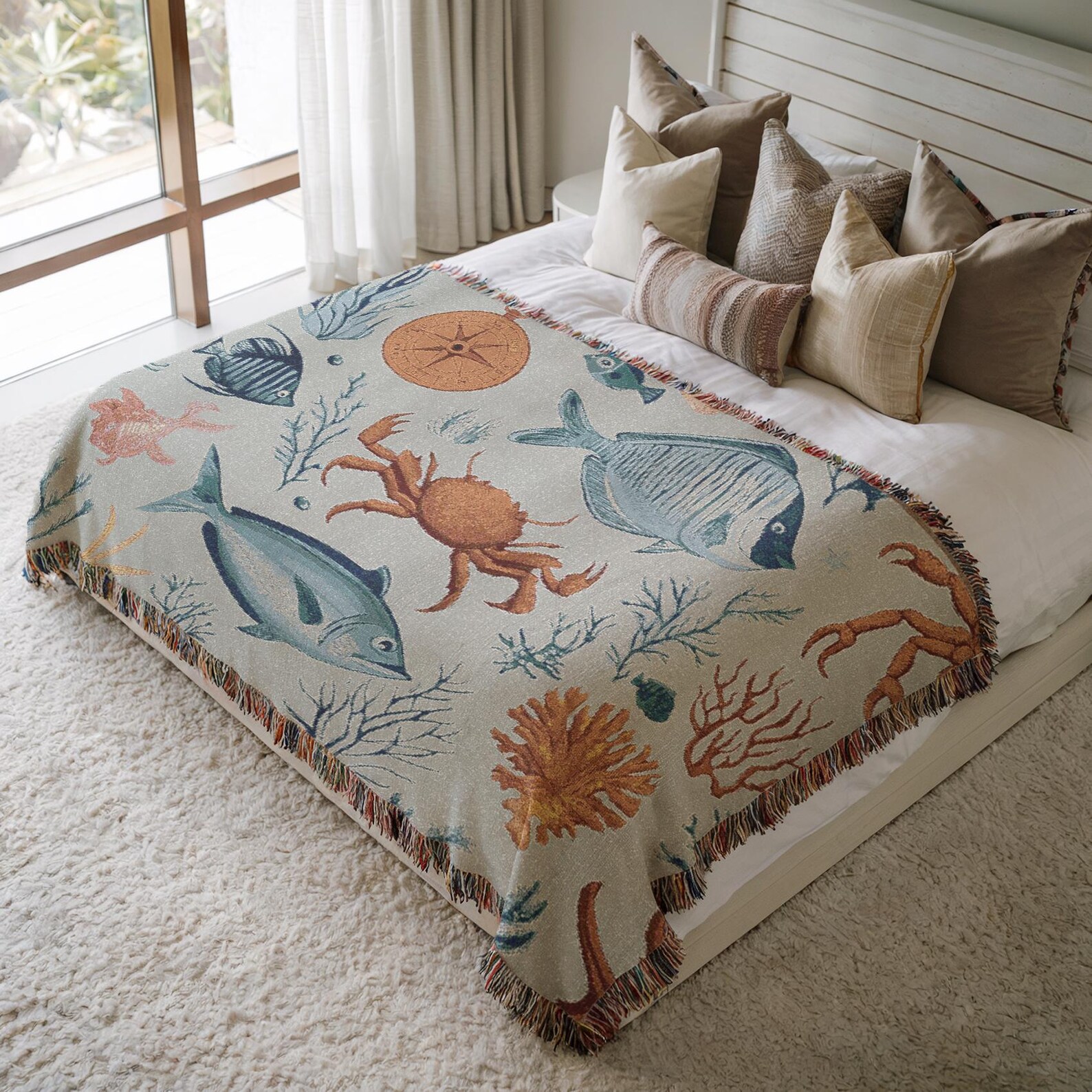 Underwater Ocean Woven Blanket, Coral Reef Marine Throw Blanket, Fish ...