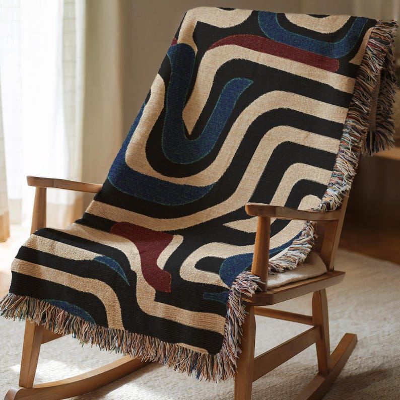 Retro Abstract Woven Blanket, Mid Century Modern Throw, Geometric Maze ...