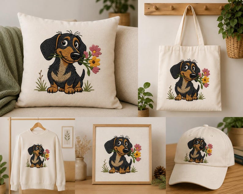 Dachshund Embroidery Design With Flowers, Dog Embroidery File, Cute ...