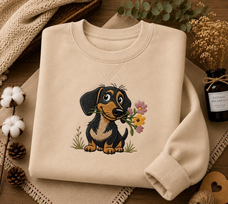 Dachshund Embroidery Design With Flowers, Dog Embroidery File, Cute ...