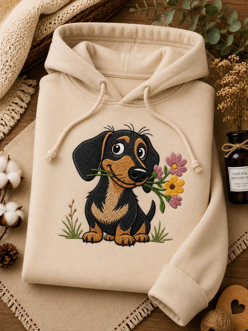 Dachshund Embroidery Design With Flowers, Dog Embroidery File, Cute ...