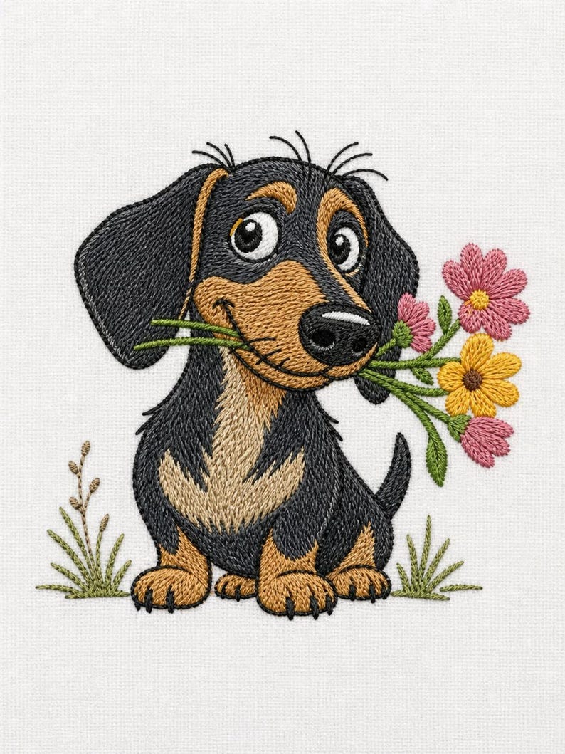 Dachshund Embroidery Design With Flowers, Dog Embroidery File, Cute ...