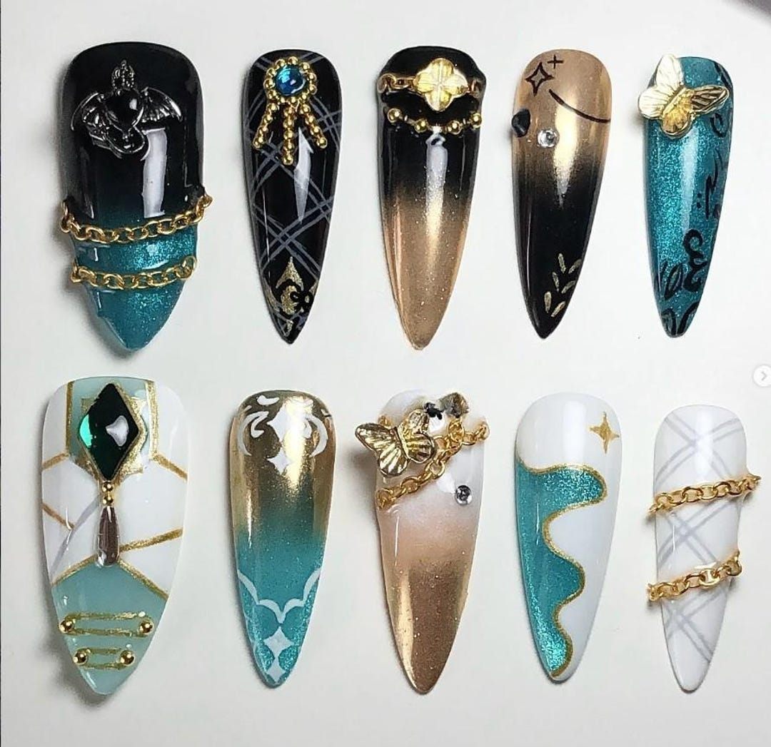 Venti Inspired Press on Nails, Genshin Aesthetic Fake Nails, Emerald ...