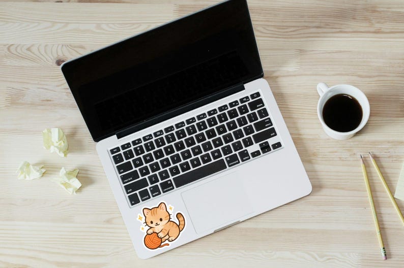 Orange Kitten Vinyl Sticker: Kawaii Cat With Yarn - Waterproof Decal - Etsy