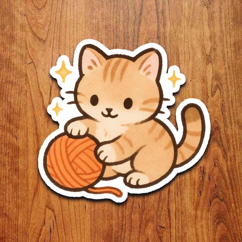 Orange Kitten Vinyl Sticker: Kawaii Cat With Yarn - Waterproof Decal - Etsy