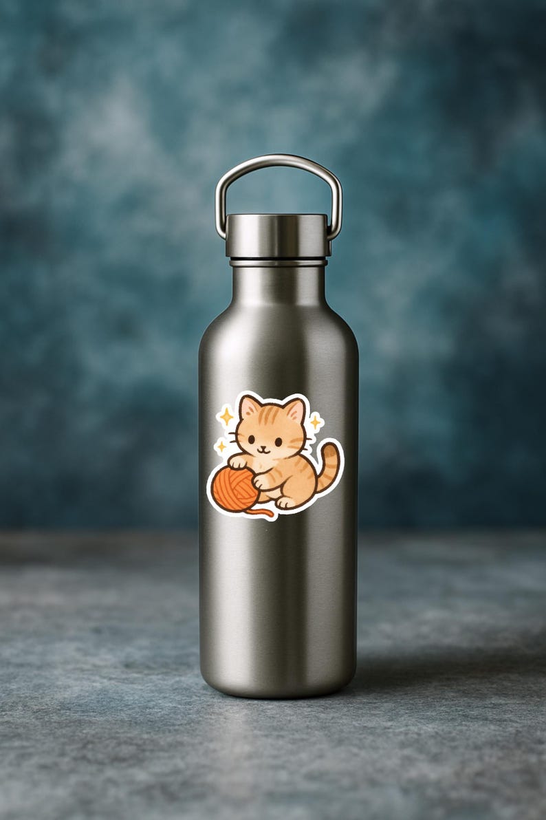 Orange Kitten Vinyl Sticker: Kawaii Cat With Yarn - Waterproof Decal - Etsy