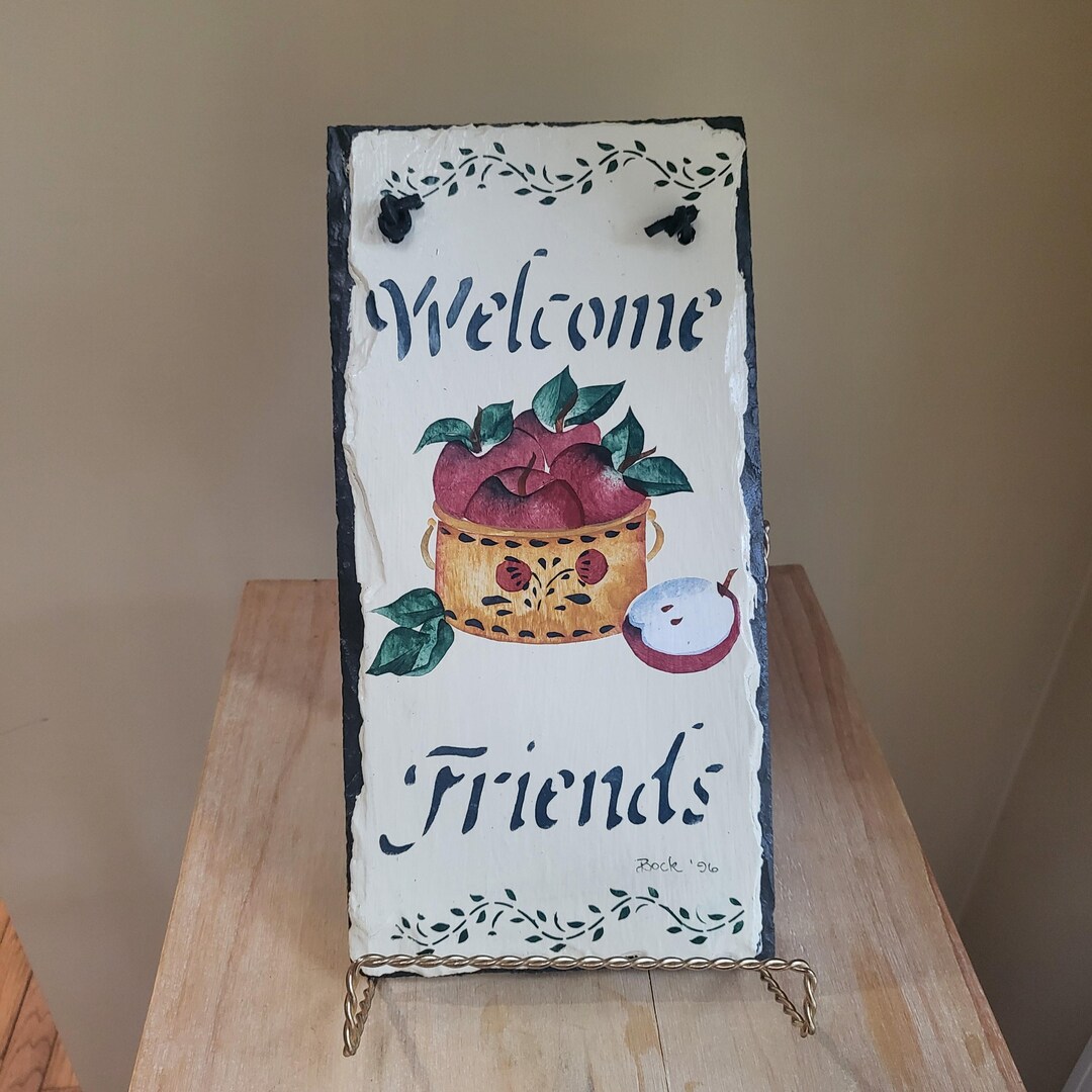 Vintage Handpainted Slate Welcome Friends Sign Summer Fall Wall Decor ...
