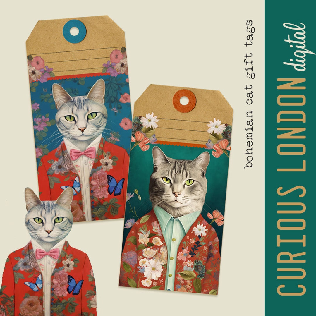 Colorful Cat Gift Tags Printable Gift Tags Fancy Clothed Cat Cat Lover ...