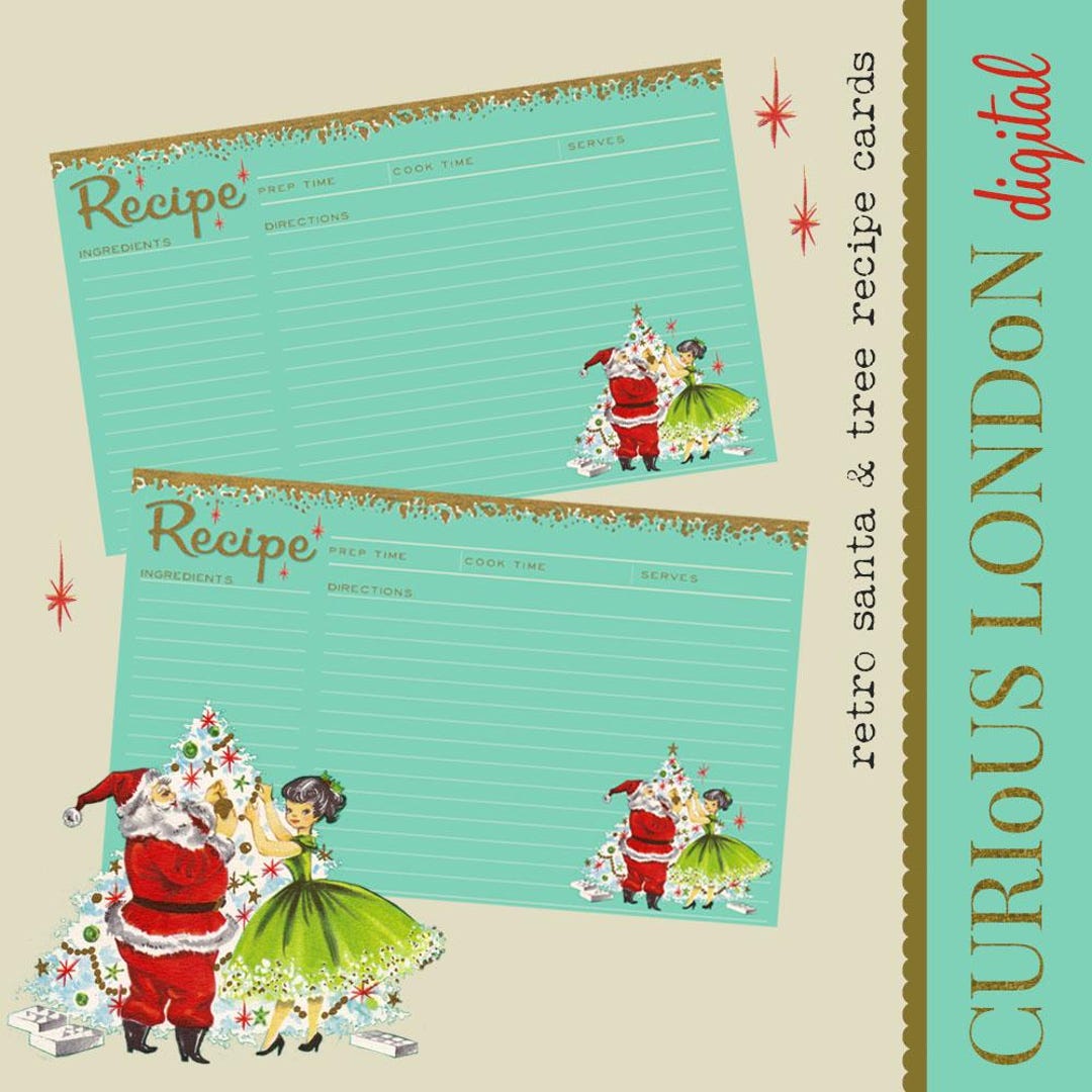Retro Christmas Printable Recipe Cards: 1950s Kitschy Santa Digital ...