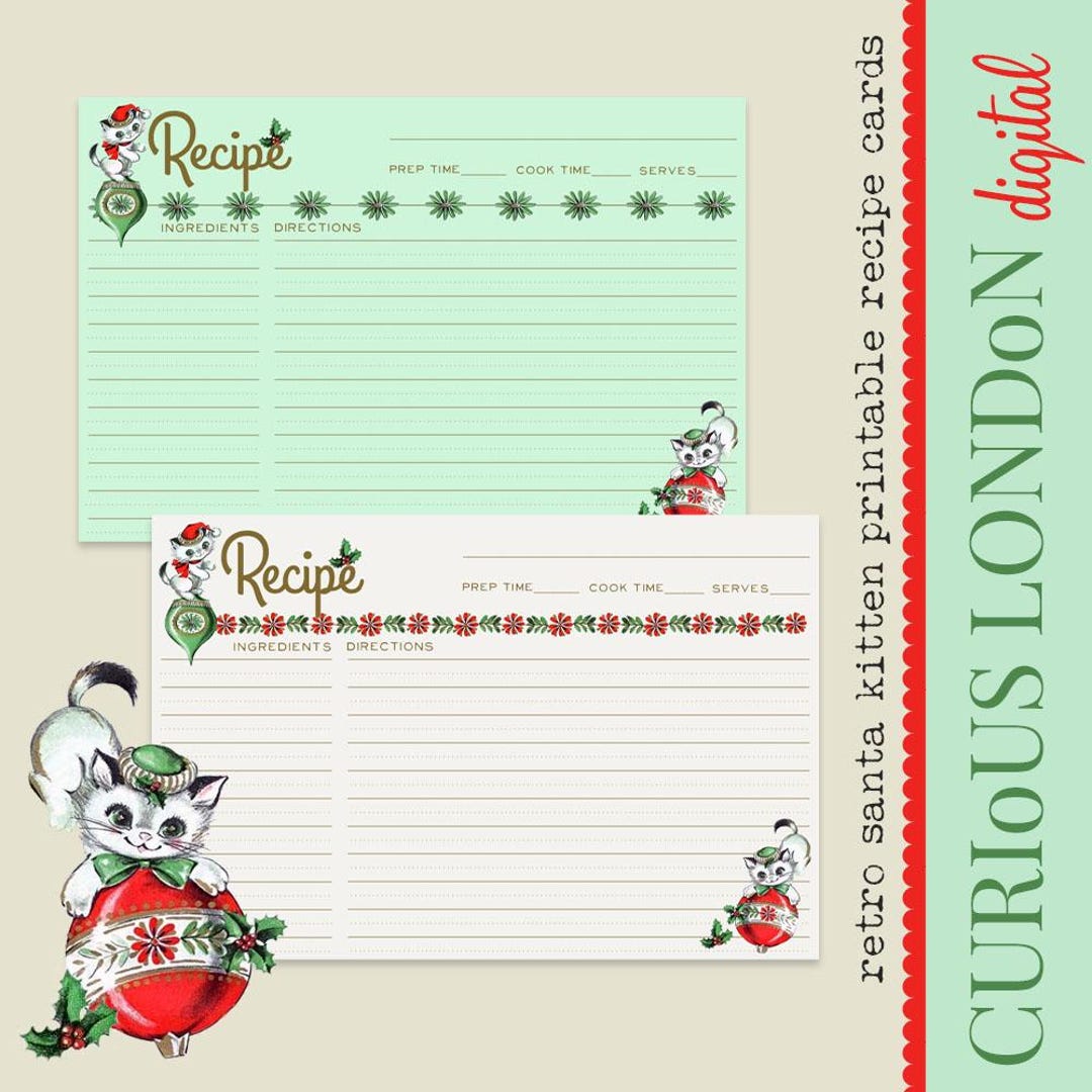 Retro Santa Kitten Printable Christmas Recipe Cards: Digital Kitschmas ...