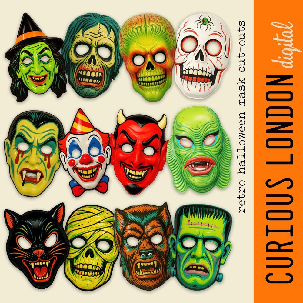 Retro Halloween Mask Cutouts: Vintage Plastic Style Printable (digital ...