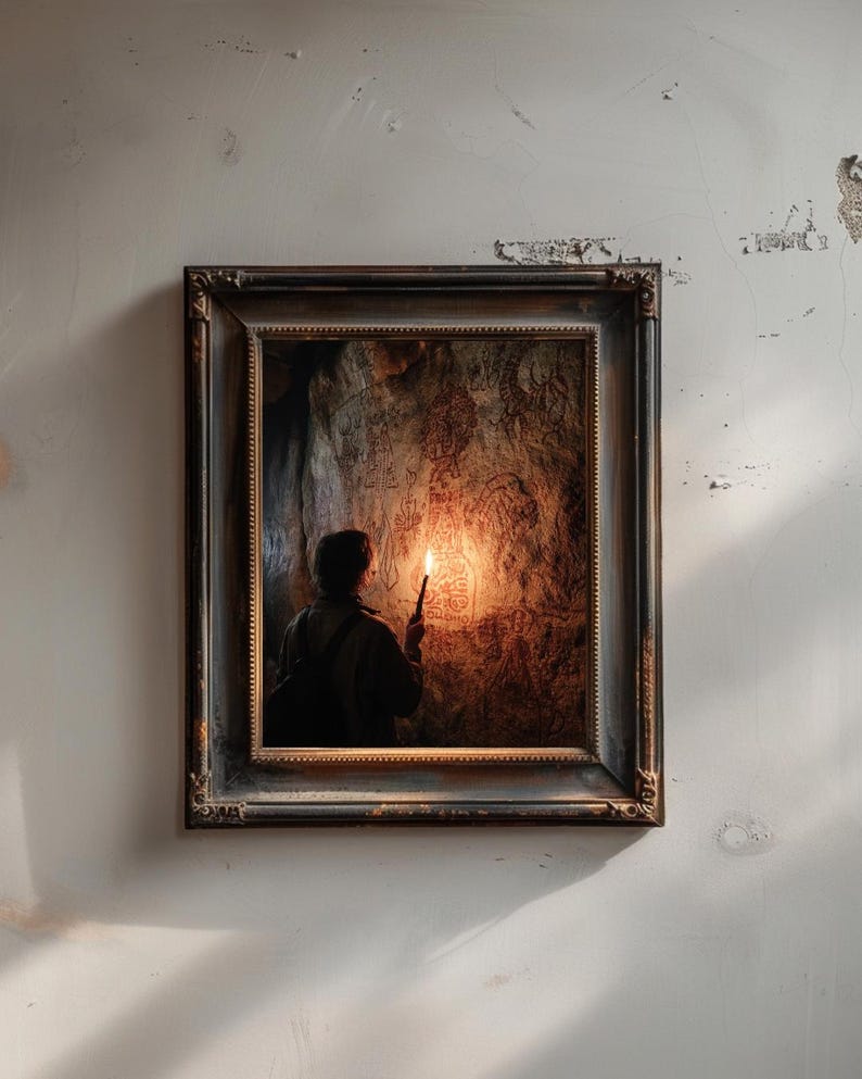 Ancient Cave Painting Explorer Wall Art Mysterious Cryptidcore Torchlit ...
