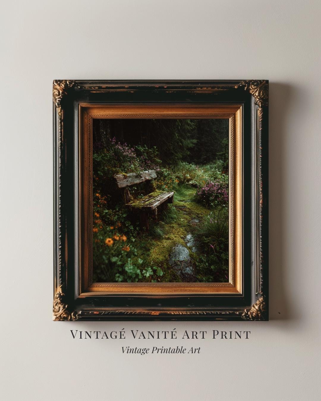 Mossy Forest Bench Print – Enchanted Woodland Path Wall Art, Dark ...