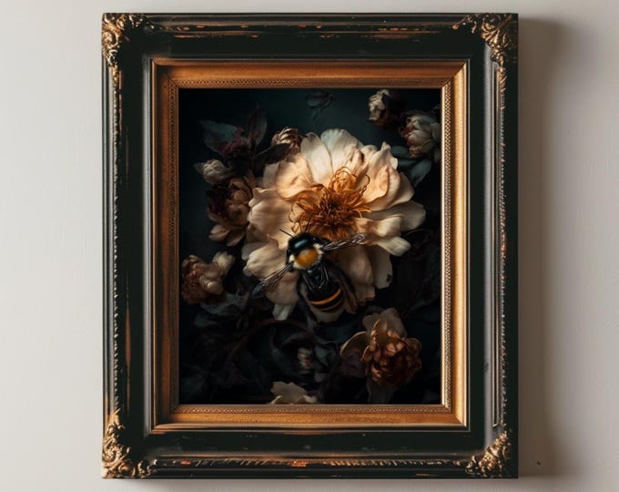 Boho Bee in Yellow Flower Print, Moody Bumlebee Decor, Botanical ...