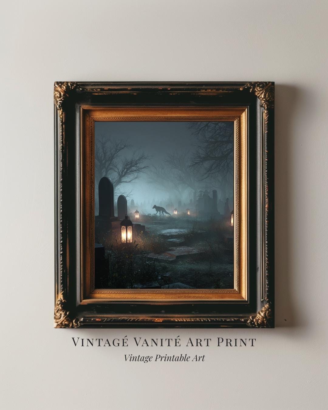 Haunted Graveyard Cryptid Wall Art Lantern Lit Cemetery Creature Print ...
